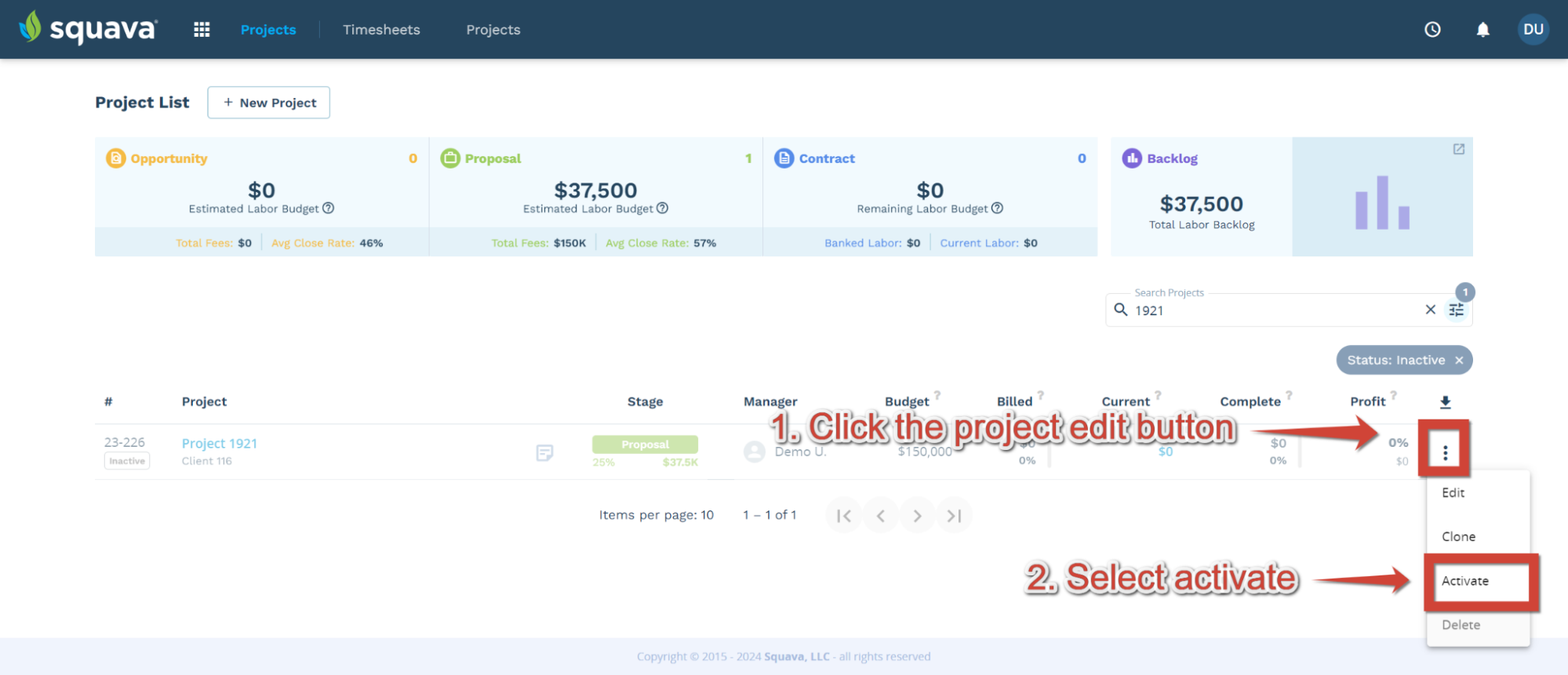 Activate A Project – SQUAVA Support