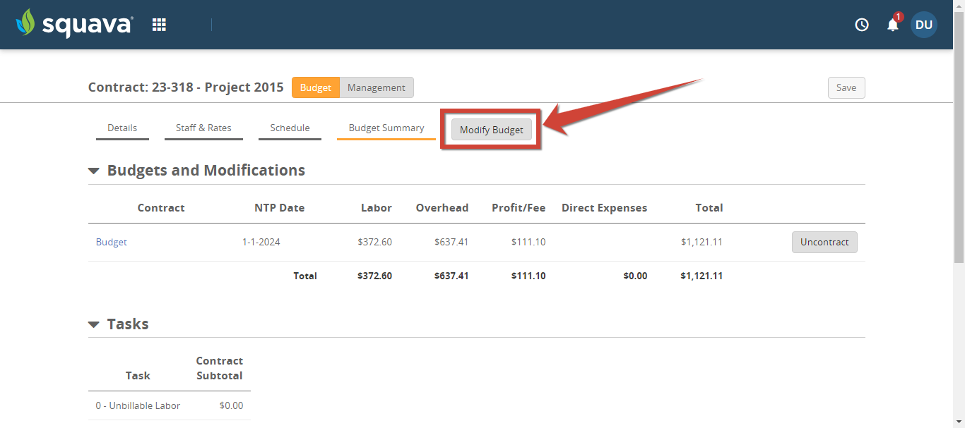 Contracting/Uncontracting a Budget – SQUAVA Support