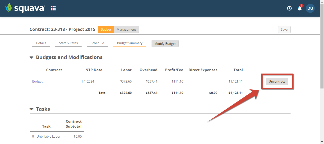 Contracting/Uncontracting a Budget – SQUAVA Support